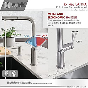 STYLISH Modern Kitchen Sink Faucet Single Handle Pull Down Dual Mode 100% Solid Stainless Steel Brushed Stainless Steel Finish, K-146S