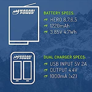Wasabi Power HERO8 Battery (2-Pack) and Dual Charger for GoPro Hero 8 Black (All Features Available), Hero 7 Black, Hero 6 Black, Hero 5 Black, Hero 2018, Fully Compatible with Original
