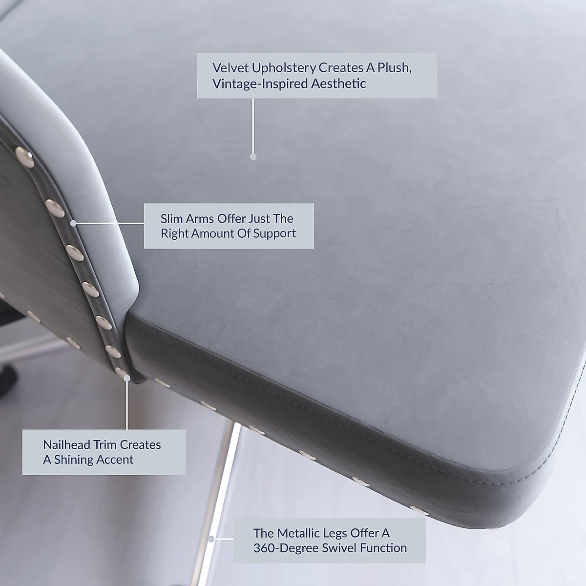 BELLEZE Modern Velvet Desk Chair for Home Office or Bedroom Vanity, Tufted Upholstered Seat with Slim Arms, Adjustable Height, Swivel, Wheels - Belden (Gray)