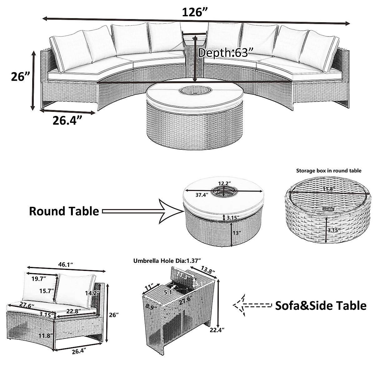 GINGVAT 6 Pieces Patio Sectional Half Outdoor Rattan PE Wicker Conversation Sofa Set, Storage Side Umbrella and One Multifunctional Round Table, Brown+ Gray