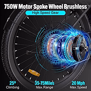 HITWAY Electric Bike for Adults, 750W/48V/14Ah Ebike with Removable Battery, 20MPH/35-75Miles Bicycle 26'×3.0 Fat Tire, Mountain E Men Women, Shimano 7-Speed Transmission, IP54, BLACK, (BK3M)