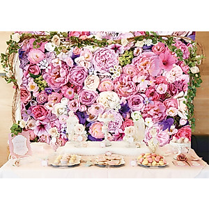 Pink Floral Photography Backdrop Mother's Day Decoration 7x5FT Flower Wall Photo Background for Girls Bridal Wedding Baby Shower Birthday Party Cake Tables Decoration Studio Props