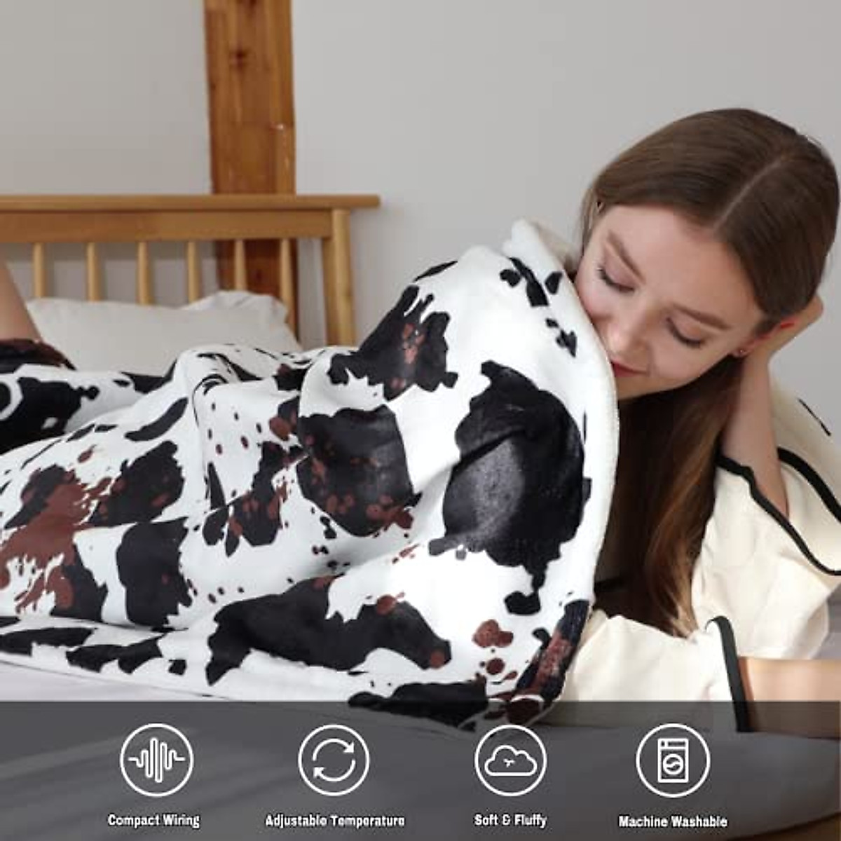 Cow Print Heated Blanket Electric Throw,Soft Fleece Cozy Cow Blankets for Couch Sofa Bed Office 50x60 inches