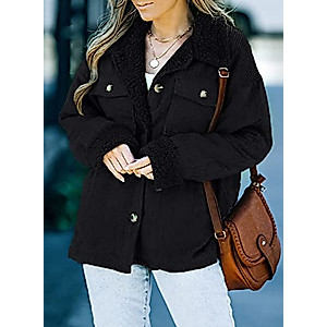 Dokotoo 2024 Autumn Winter Corduroy Trucker Jacket Coat for Women Turn-Down Collar Button Down Long Sleeve Soft Sherpa Lined Thick Solid Loose Fit Winter Outwear Black XL