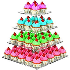 4 Tier Acrylic Cupcake Stand for 50 Cupcakes, Large Square Cupcake Tower, Dessert Cup Cake Tier Stand Holder, Clear Tiered Cupcake Display Tree for Birthday, Wedding, Baby Shower, Party DéCor