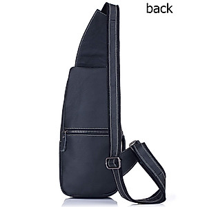 BULLCAPTAIN Genuine Leather Men Sling Crossbody Bag Multi-pocket Chest Bag Casual Travel Hiking Sling Backpack with Earphone Hole (Black)