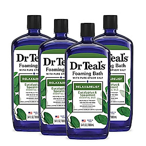 Dr Teal's Foaming Bath with Pure Epsom Salt, Relax & Relief with Eucalyptus & Spearmint, 34 fl oz (Pack of 4) (Packaging May Vary)