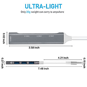 USB Hub 4-Port USB Hub Ultra-Slim Data USB Splitter Portable Aluminium Alloy Mini USB Hub Extensions Applicable for Laptop, MacBook, Mac Mini/Pro, Surface, Notebook PC, PS4, Flash Drive, Mobile HDD