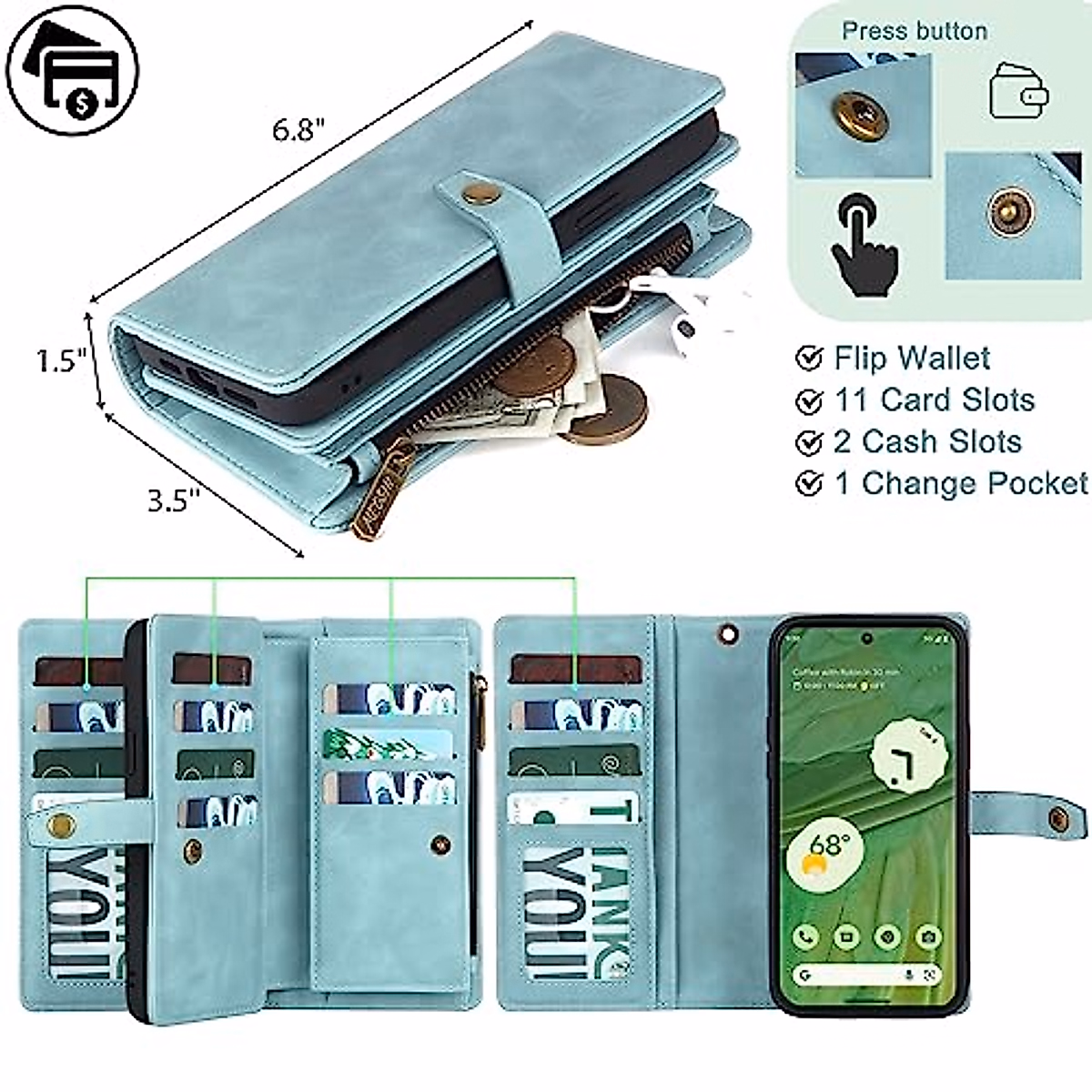 TwoHead for Google Pixel 7 Pro Wallet Case with Card Holder & Detachable Magnetic Phone Case,PU Leather Shockproof Protective Case with Wrist Strap(Blue)