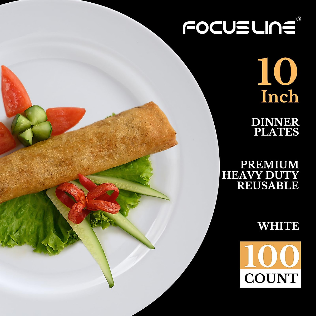 FOCUSLINE 100 Count White Plastic Plates 10 Inch, Disposable Heavy Duty Plastic Dinner Plates- Premium Hard Plastic Plates Fancy Disposable White Plates for Weddings, Parties and Events