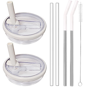 2 Pack 40 oz Tumbler Flip Straw Lid Replacement Fit for Stanley Quencher Tumbler with Stainless Steel Straws，Leak Proof Splash Resistant Tumbler Lids for Stanley Cup (White)