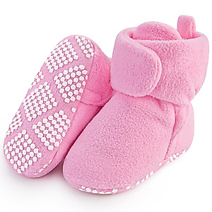 Pro Goleem Fleece Baby Booties, Warm Cozy Baby Slippers, Stay On Sock Shoes, Easy to Put on, Unisex Baby Gifts, Soft Non-Slip Adjustable Newborn Boots for Boys and Girls 12-18 Months, Pink