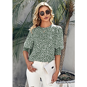 Teurkia Women's Casual Crewneck Tops 3/4 Sleeve Blouses Loose T Shirts Army Green