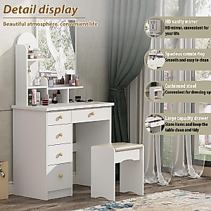 FUFU&GAGA Vanity Set with Mirror, Makeup Vanity Dressing Table with 5 Drawers, Shelves, Dresser Desk & Cushioned Stool Set (White, No Light)
