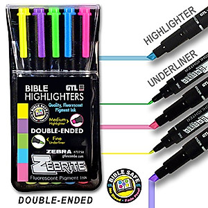 G.T. Luscombe Company, Inc. Zebrite Double Ended Bible Highlighter Set | No Bleed Pigmented Ink | No Fading or Smearing | Double Ended for Highlighting & Underlining | Fluorescent Multicolor (Set of 5)