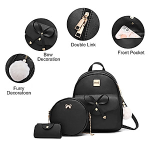 Aogist Mini Leather Backpack Purse 3-Pieces Fashion Bowknot Zipper Bags Cute Casual Travel Daypacks for Women (Black)