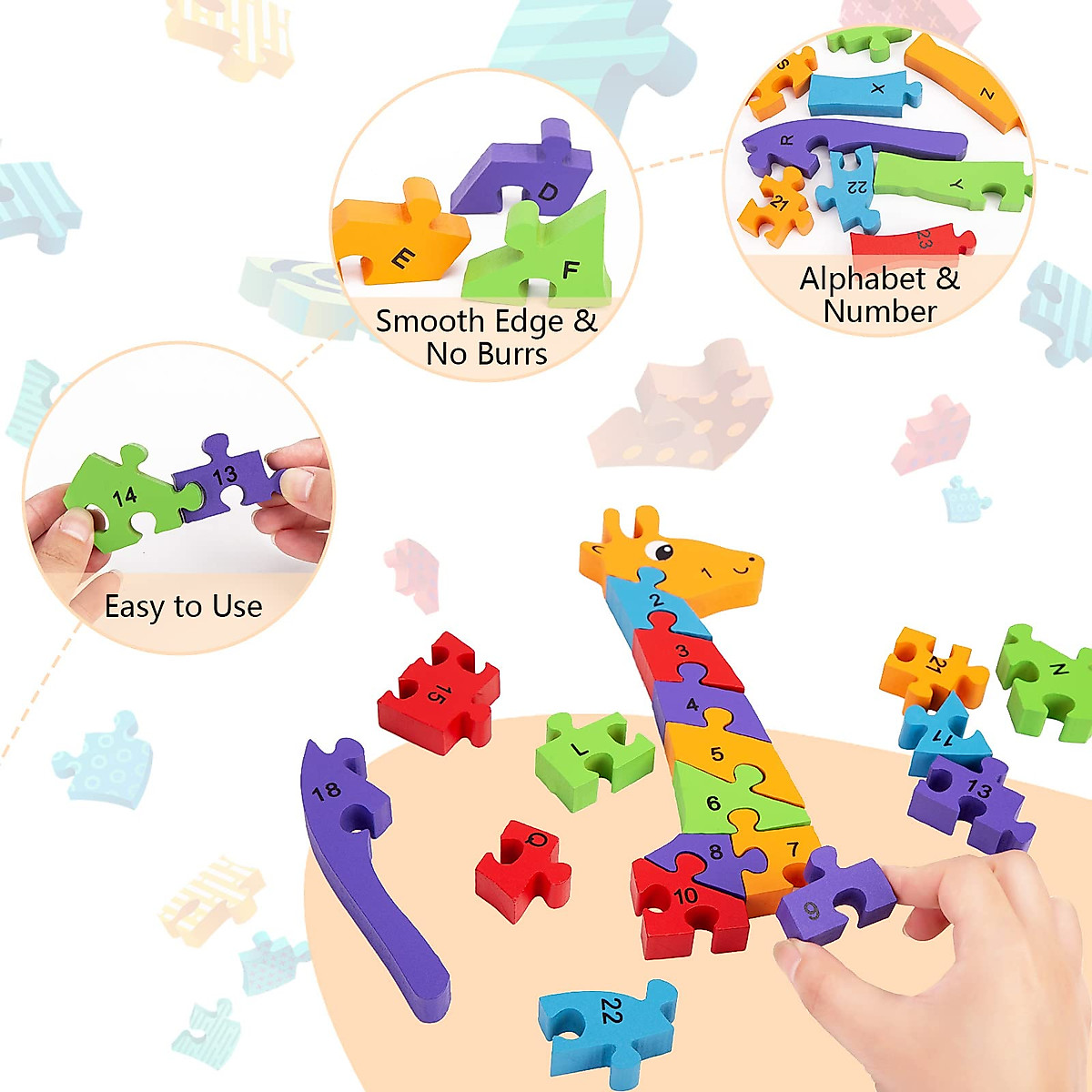 LovesTown Giraffe Wooden Puzzle, 26PCS Jigsaw Puzzle Alphabet and Number Blocks Wooden Building Blocks for Kid Preschool