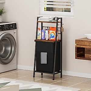 Furnulem 2 Tiers Laundry Hamper with Wooden Shelf and Hooks, Vertical Laundry Basket with Pull-Out and Removable Bag, Clothes Hamper with Divided Bag for Laundry Room, Bathroom, Bedroom, Dorm