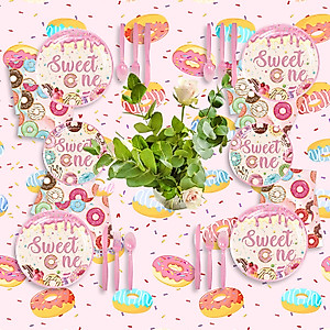 LXlucktim Donut Birthday Party Supplies for 1 Year Old Girl, 202 Pcs Sweet One Party Decorations for Girls Baby - Table Cover, Plates, Cups, Napkins, Utensils, Serves 25 Guests