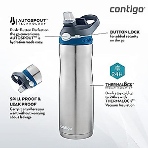 Contigo Ashland Chill Autospout Water Bottle with Flip Straw, Stainless Steel Thermal Drinking Bottle,Leakproof,Grey, BLue, 590 ml