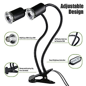 Reptile Heat Lamp, TFNN Double-Head Heat Lamp with Clamp, UVA UVB Reptile Light with Intelligent Cycle Timer for Turtle, Bearded Dragon, Lizard and More, 2 Bulbs 25W+50W