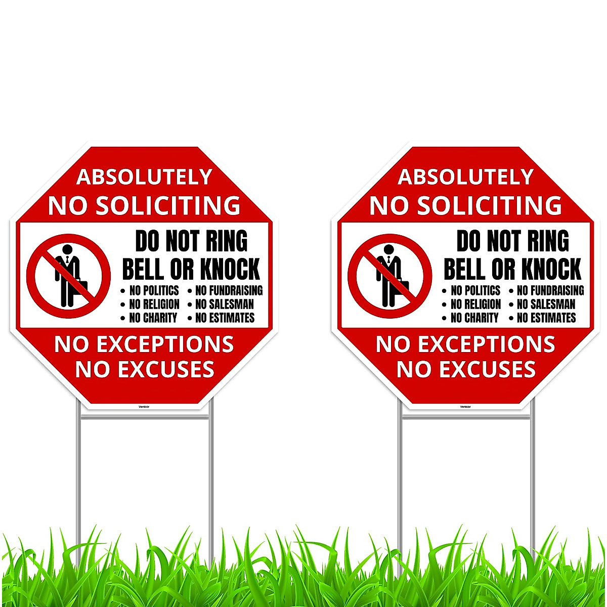 2PC No Soliciting Sign with Stake, 13 Inches by 13 Inches - Corrugated Plastic - No Soliciting No Religious No Trespassing Sign for House Yard