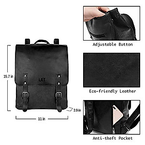LXY Vegan Leather Backpack Vintage Laptop Bookbag for Women Men, Black Faux Leather Backpack Purse Bookbag Weekend Travel Daypack