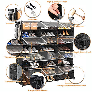 C&AHOME Shoe Rack, 48-Pair 18"x14" Widened Portable Shoe Organizer, 8-Tier Plastic Freestanding Shoe Storage Cabinet, DIY Shoe Shelves with Visualization Doors, 54.6" L × 14.2" W × 56.8" H Black