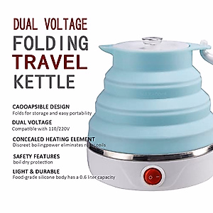 Travel Foldable Electric Kettle, Collapsible Electric Kettle Food Grade Silicone Small Electric Kettle Boiling water,Dual Voltage（600ml,110-220V US Plug） (Blue)