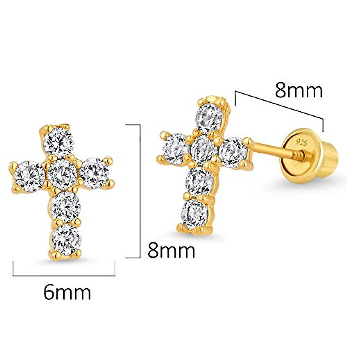 14k Gold Plated Brass Cross Cubic Zirconia Screwback Baby Girls Earrings with Sterling Silver Post