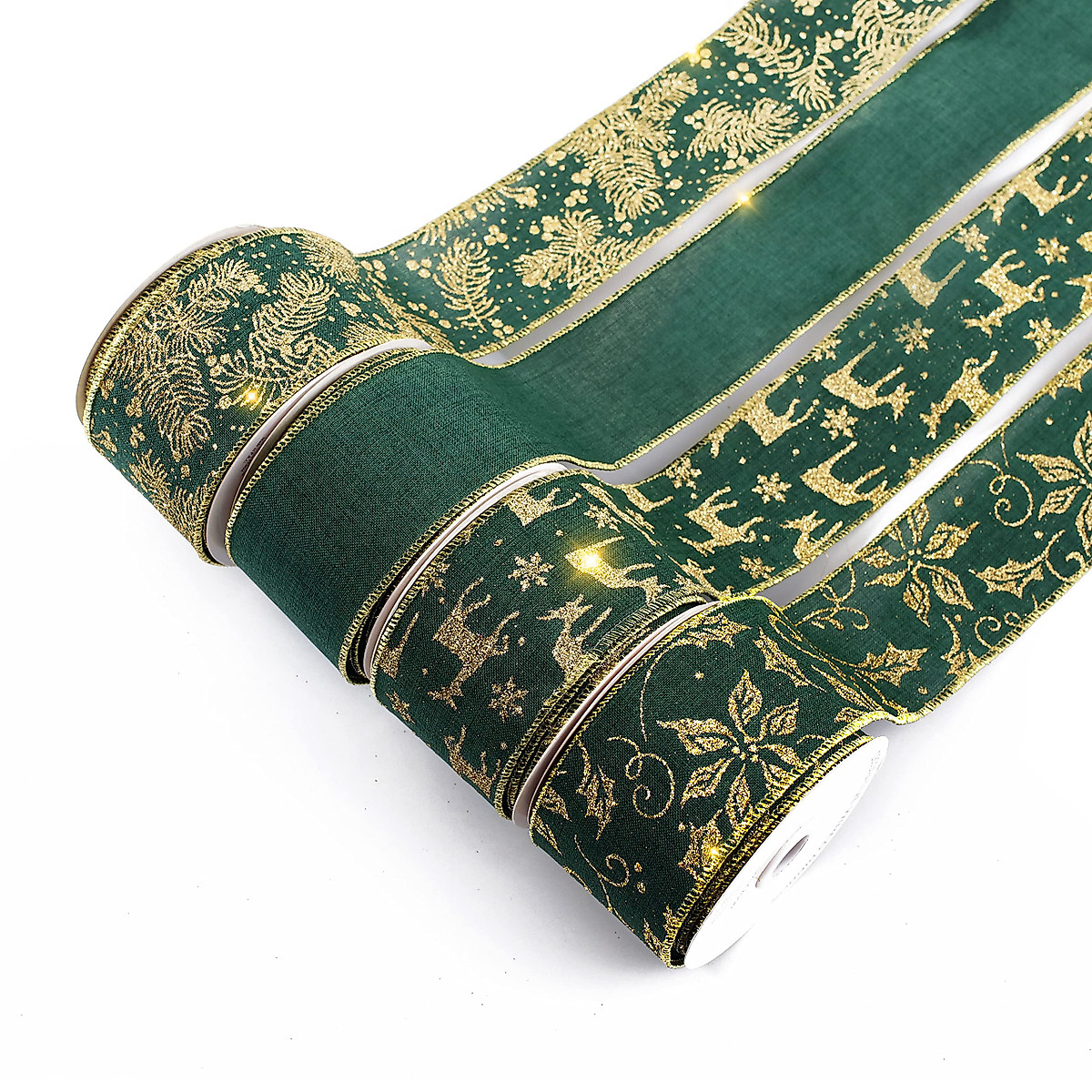 UNIQOOO 40 Yards 4 Rolls Seamless Green Christmas Wired Ribbon Set, 2.5 inch x 10yd. Satin Burlap Wired Edge Ribbon for Xmas Tree Décor, Gift Wrap Box, Bows, Wreath, Garland, Floral DIY Craft, Wedding