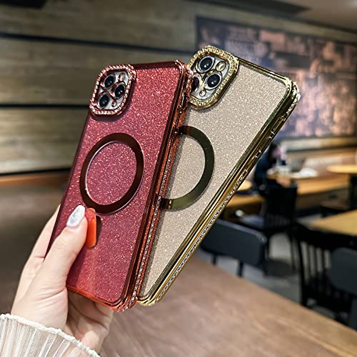 Cyberowl iPhone 13 Pro Max Glitter Case [Compatible with MagSafe] Lightweight and Luxury Plating Cute Bling Shockproof Raised Full Camera Lens Protective Rugged TPU Case Girls Women Covers Gold