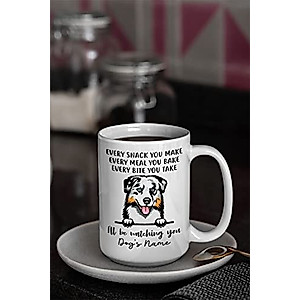 Personalized Blue Merle Australian Shepherd Coffee Mug, Every Snack You Make I'll Be Watching You, Customized Dog Mugs for Mom Dad, Gifts for Dog Lover, Mothers Day, Fathers Day, Birthday Presents