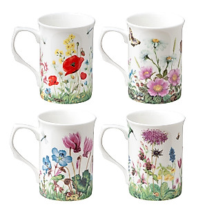 Grace Teaware Bone China Coffee Tea Mugs 9-Ounce, Assorted Set of 4 (Meadow)