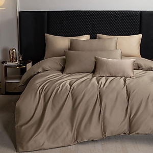 MooMee Bedding Duvet Cover Set Extra Long Staple Cotton 600 TC Egyptian Cotton Texture Silky Sateen Smooth Luxury Soft Comfortable Durable (Mocha Brown, Queen)
