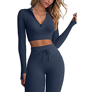 QINSEN Workout Sets for Women 2 Piece Seamless Long Sleeve Crop Tops Ribbed High Waist Leggings (M, Y118 Dark Blue)