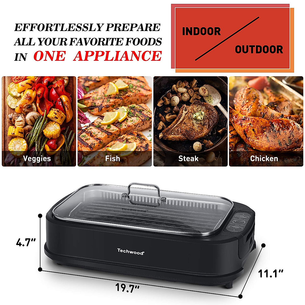 Indoor Smokeless Grill, Techwood 1500W Electric Indoor Grill with Tempered Glass Lid, Portable Non-stick BBQ Korean Grill, Turbo Smoke Extractor Technology, Drip Tray& Double Removable Plate, Black