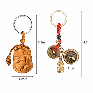 2 in 1 Feng Shui Wu Lou Brass Gourd 12 Zodiac Wood Carved Lucky Key Chain for Chinese Style Gifts(Rabbit)