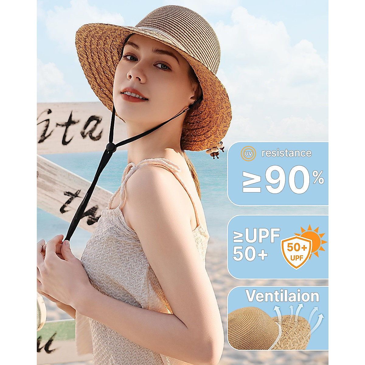 Beach Hats for Women, Beach Hat Womens UPF 50+, Straw Hat for Women Sun Hat Foldable Roll up Cap Khaki