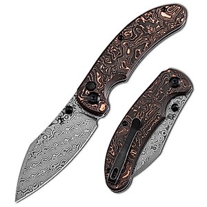 KANSEPT Nesstreet Button Lock Pocket Folding Knives for Men EDC Camping Folding Knife 3.58'' Damascus Material Pocket Folding Knife with Copper Carbon Fiber Handle Everyday Carry Folding Knife K1039F7