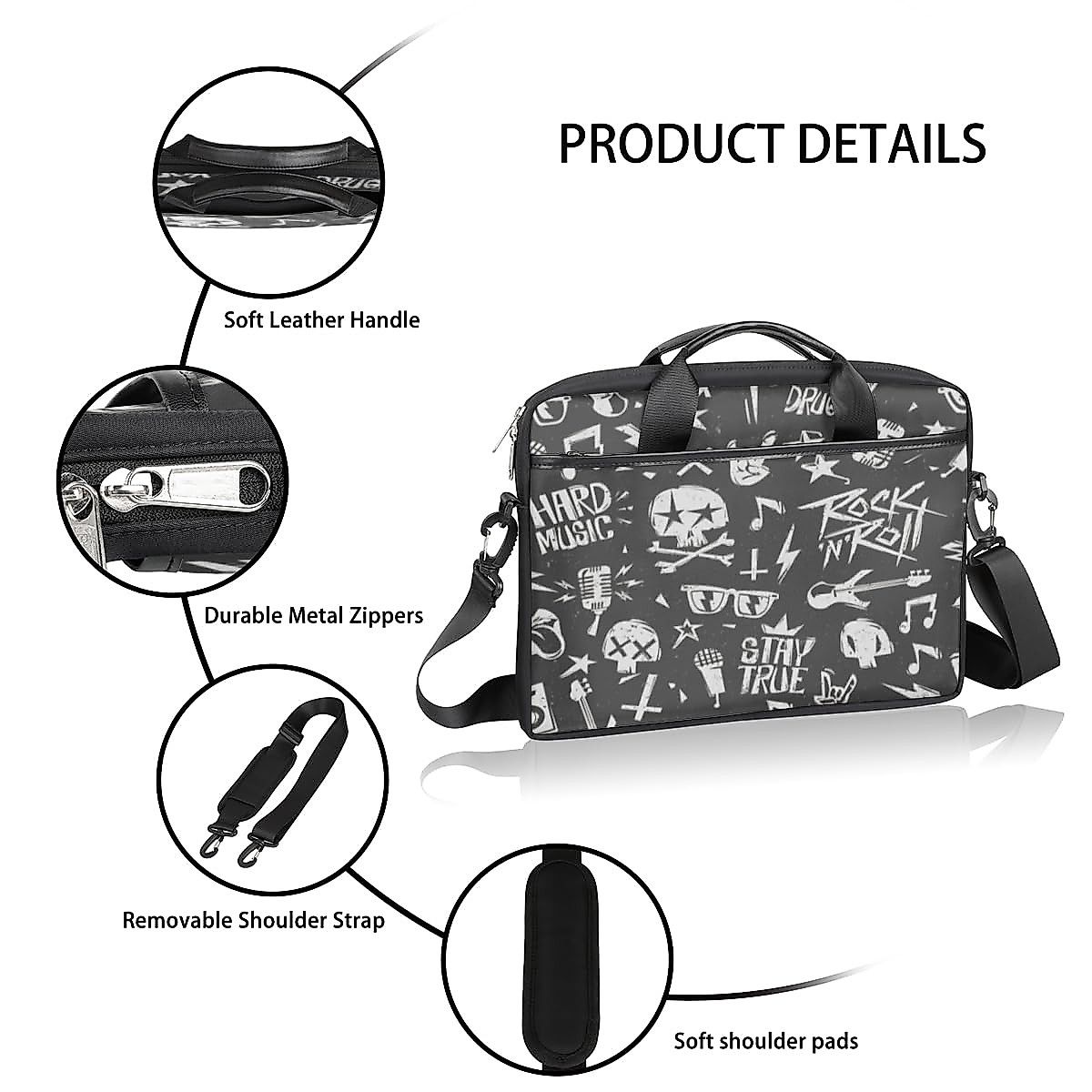Music Skull Laptop Computer Bag Waterproof Shoulder Messenger Bag 13-15 inch Durable Laptop Tote Bag with Shoulder Strap Handle Lightweight Crossbody Briefcase