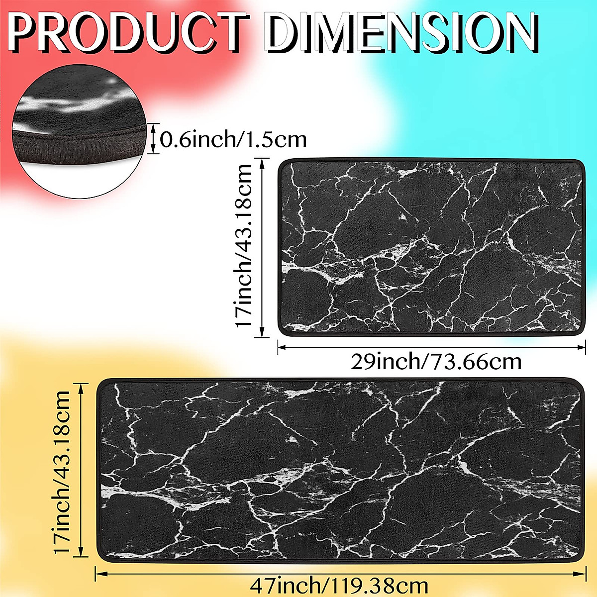 AUUXVA Black Marble Texture Lines Print Kitchen Mats Cushioned Anti Fatigue 2 pcs Set, Memory Foam Kitchen Rugs, Non Slip Washable Area Rug for Floor Sweet Home Decor, 17"x29"+17"x47"