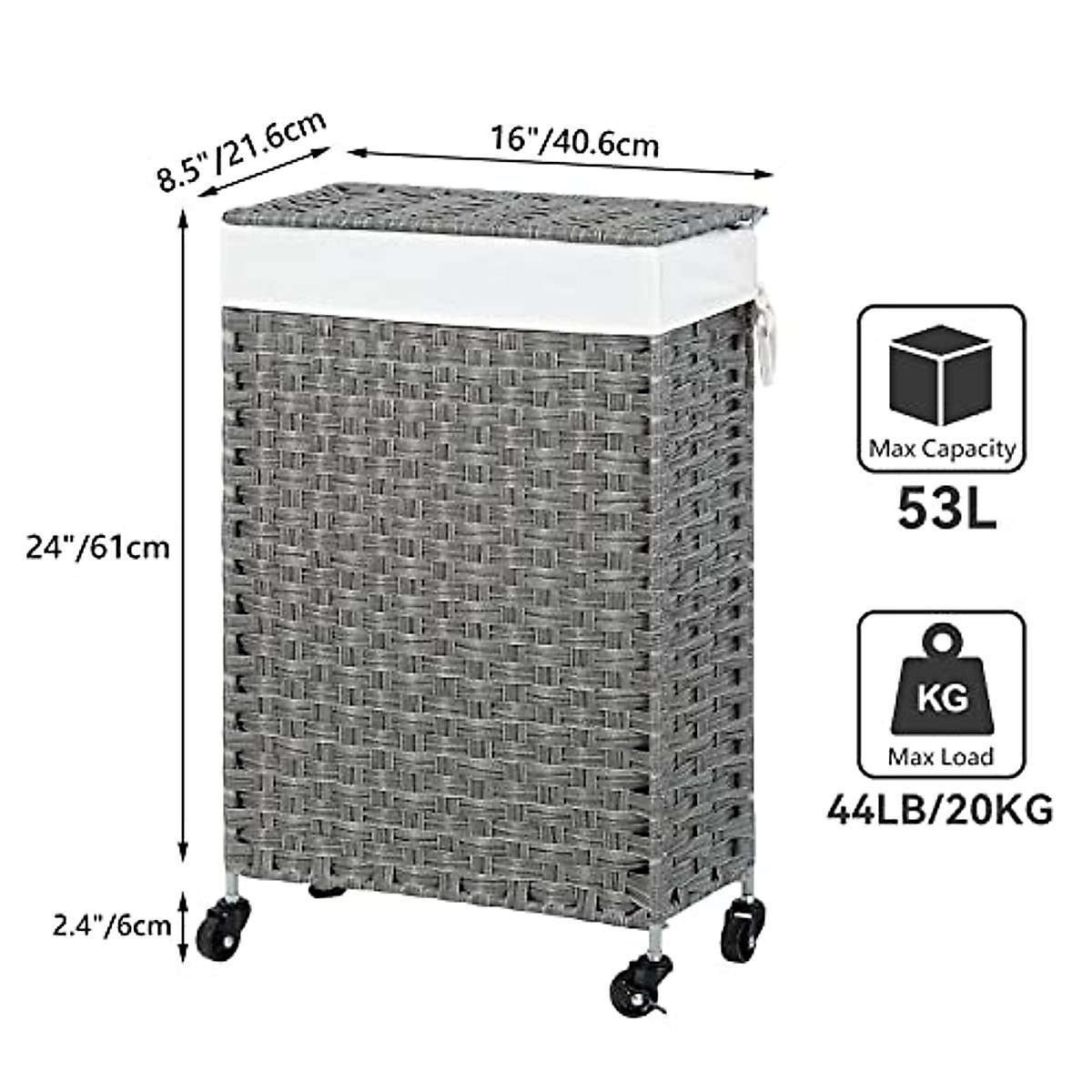 Chrislley 53L Slim Handwoven Rattan Laundry Hamper with Lid Rolling Laundry Basket with Removable Liner Bags Foldable Hampers with Wheels（Grey）