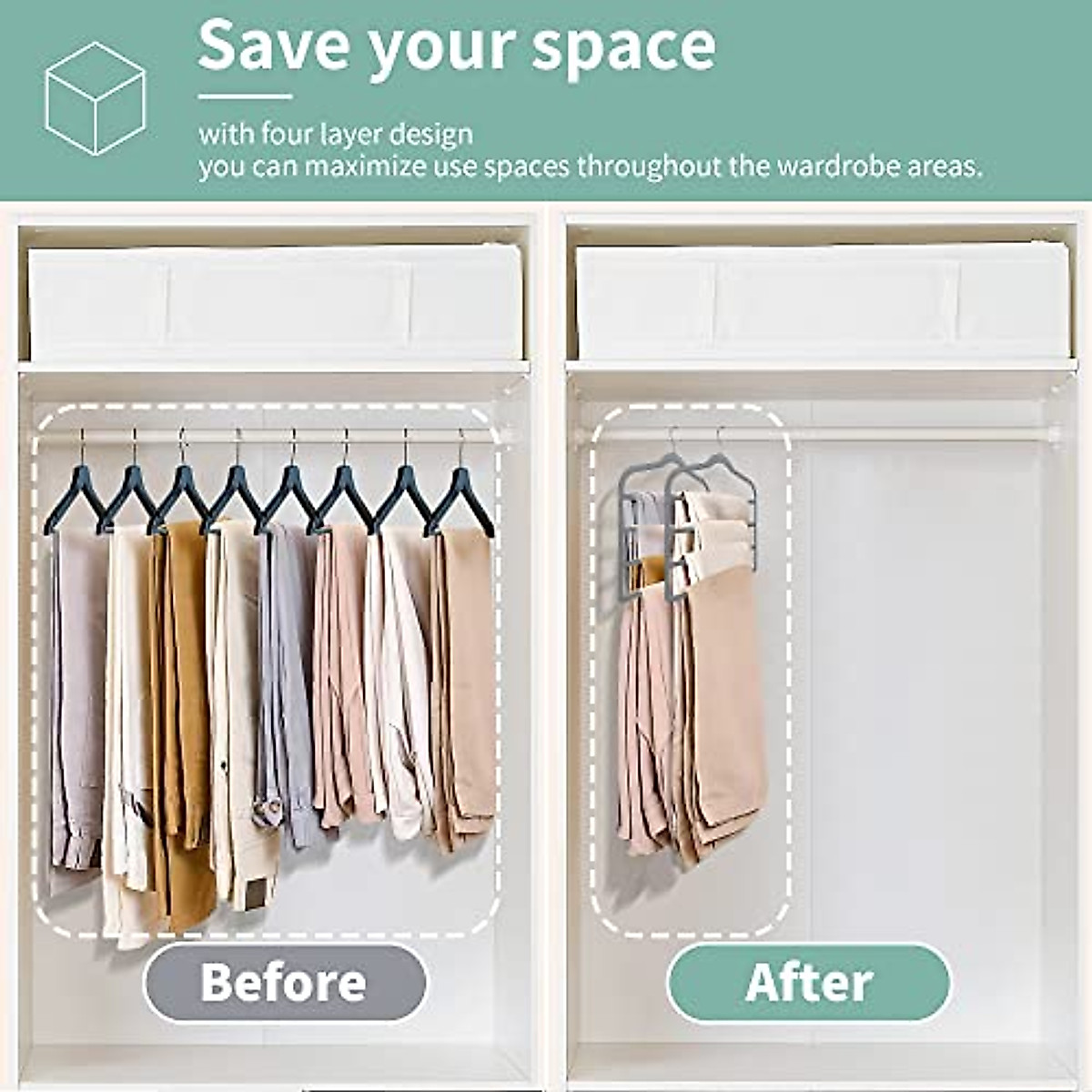 Velvet Hangers Pants Hangers Space Saving Hangers for Pants Non-Slip Multiple Closet Hanger Organizer for Trousers Tie Scarf Grey Pack of 4