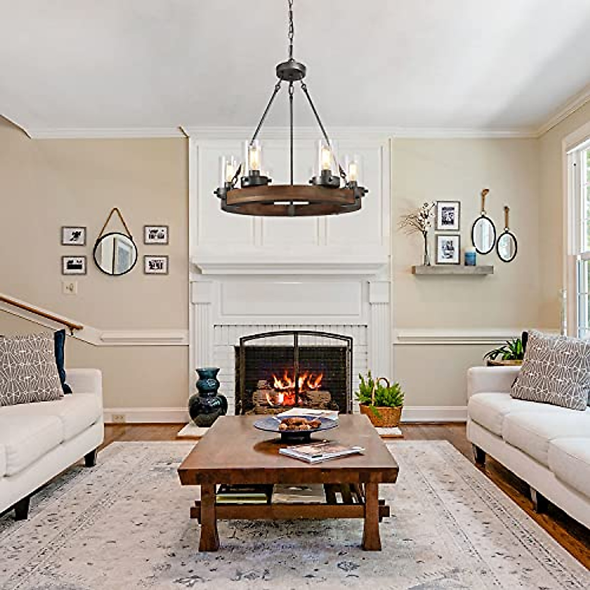 LNC Farmhouse Chandelier, Wood Round Wagon Wheel 6-Light Fixture with Seeded Glass Shades for Dining & Living Room, Bedroom, Kitchen and Foyer