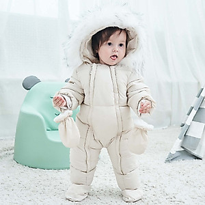 Tengoait Infants Girls Spring Fleece Pram Snow Suits Baby Boy Christmas Hooded Wearing Coat Unisex Baby Cartoon Mittens Onesie Winter Outwear Footie Beige for 12-18 Months M(10)