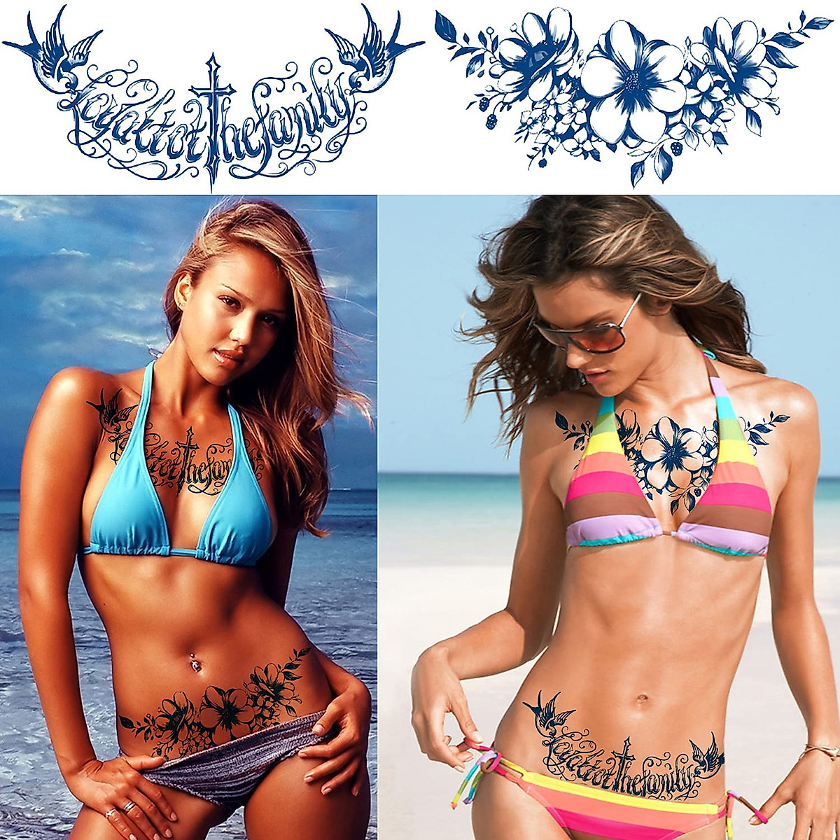 Glaryyears Semi Permanent Tattoos for Women Girls, 4 Pack Kit Large Realistic Long Lasting Temporary Tattoo Looks Like Real Makeup, Cool Flowers Letters on Body Chest Underboob Tramp Stamp Lower Back