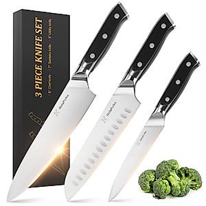 HolaFolks Kitchen Magnetic Knife Block with Acrylic Shield Double Side Knife Holder Rack Magnetic Stands&3 PCS Professional Sharp Chef Knife Set
