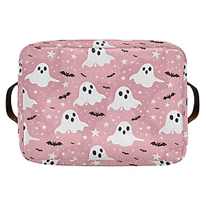 DALAWU Fabric Storage Boxes with Leather Handle, Set of 2, Halloween Ghosts Stars Waterproof Collapsible Canvas Organiser Cubes Bins for Toys Clothes Shelves Closet Household Organizer