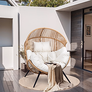 JAMFLY Egg Chair Outdoor Wicker Patio Chair, Oversized Lounger Chair with Cushion Egg Basket Chair for Indoor Living Room Bedroom Outside Patio Backyard Balcony